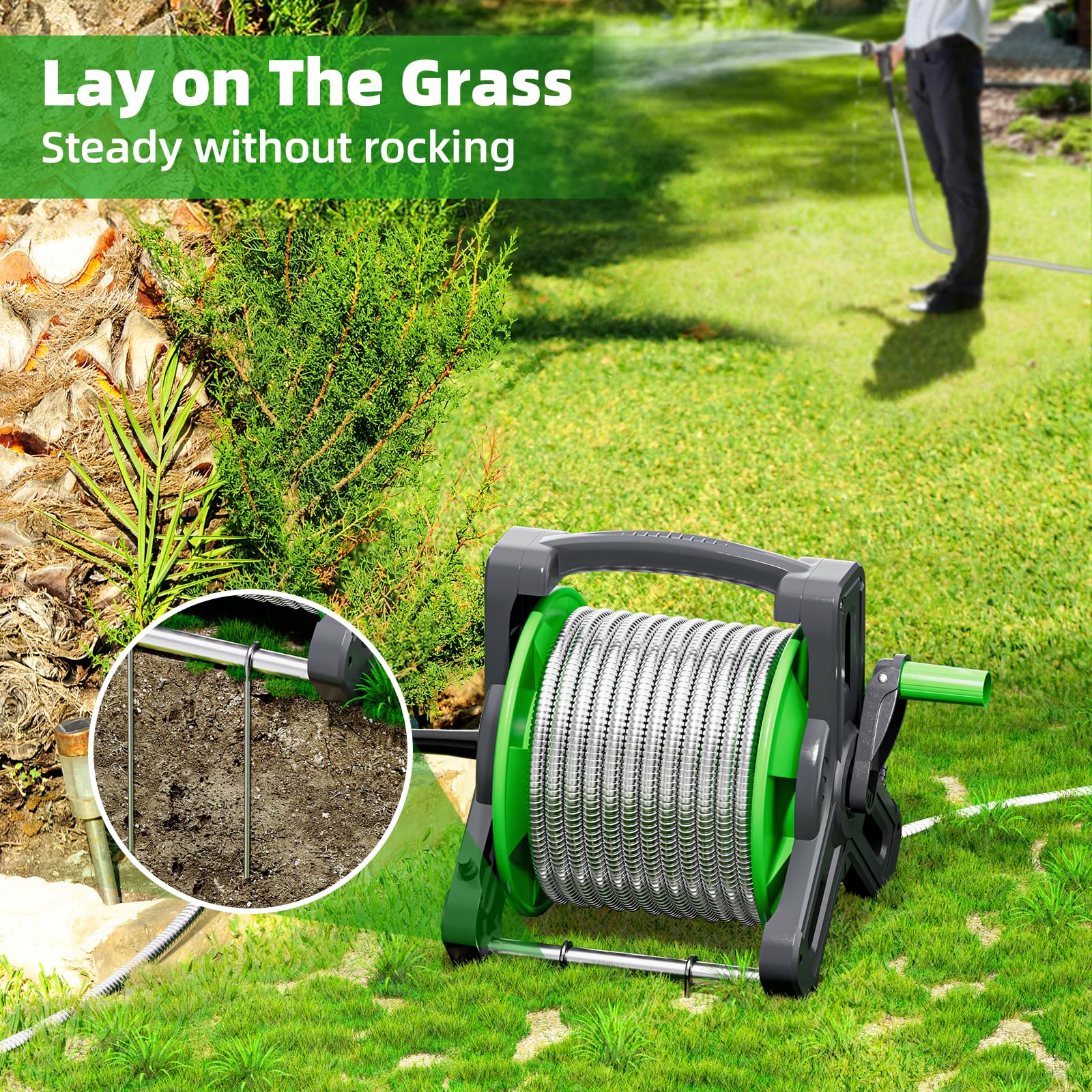 SPECILITE Wall Mount Garden Water Hose Reel with 75ft 304 Stainless Steel Metal Pipe and Nozzle for Outside, Yard, Patio,Space-Saving Design, Easy Storage, Green