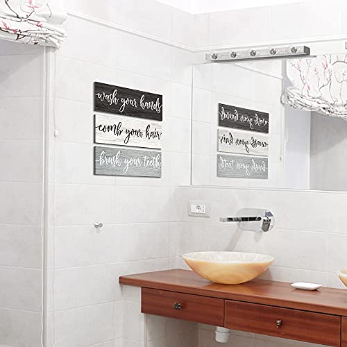Creoate Bathroom Rules Wall Decor, Set of 3 - Wash Your Hands, Brush Your Teeth, Comb Your Hair - Decorative Rustic Wood Farmhouse Bathroom Wall Decor, Small