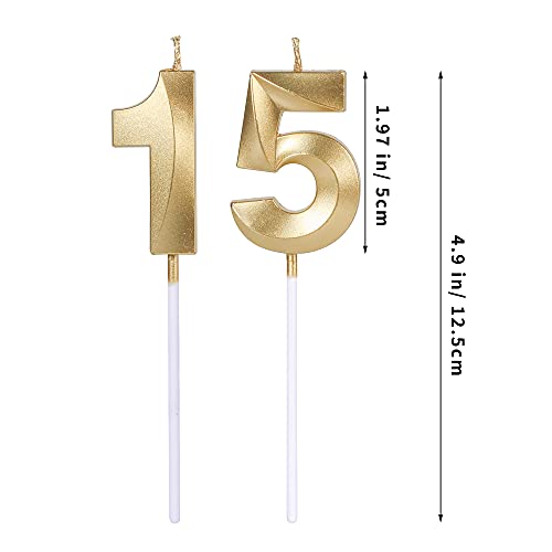 Gold 15th & 51st Birthday Candles for Cakes, Number 15 51 Glitter Candle Cake Topper for Party Anniversary Wedding Celebration Decoration