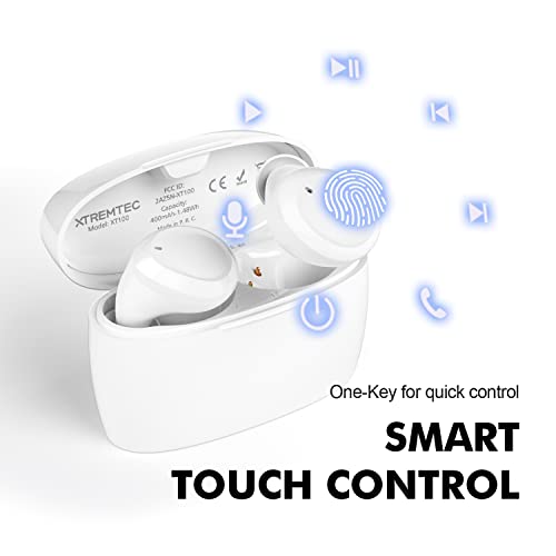 XTREMTEC True Wireless Earbuds Bluetooth Earbuds Noise Cancelling Bluetooth Headphones for iPhone/Android Small Earbuds with Mic Waterproof Cordless in-Ear Earphones Deep Bass Sound Headsets (White)