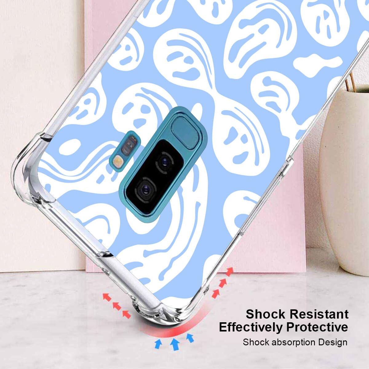 zaztify Phone Case for Samsung Galaxy S9 Plus, Pastel Light Blue White Funny Trippy Dripping Smile Melted Hippie Smiling Skull Ghost Face Cute Shockproof Protective Clear Cover Shell