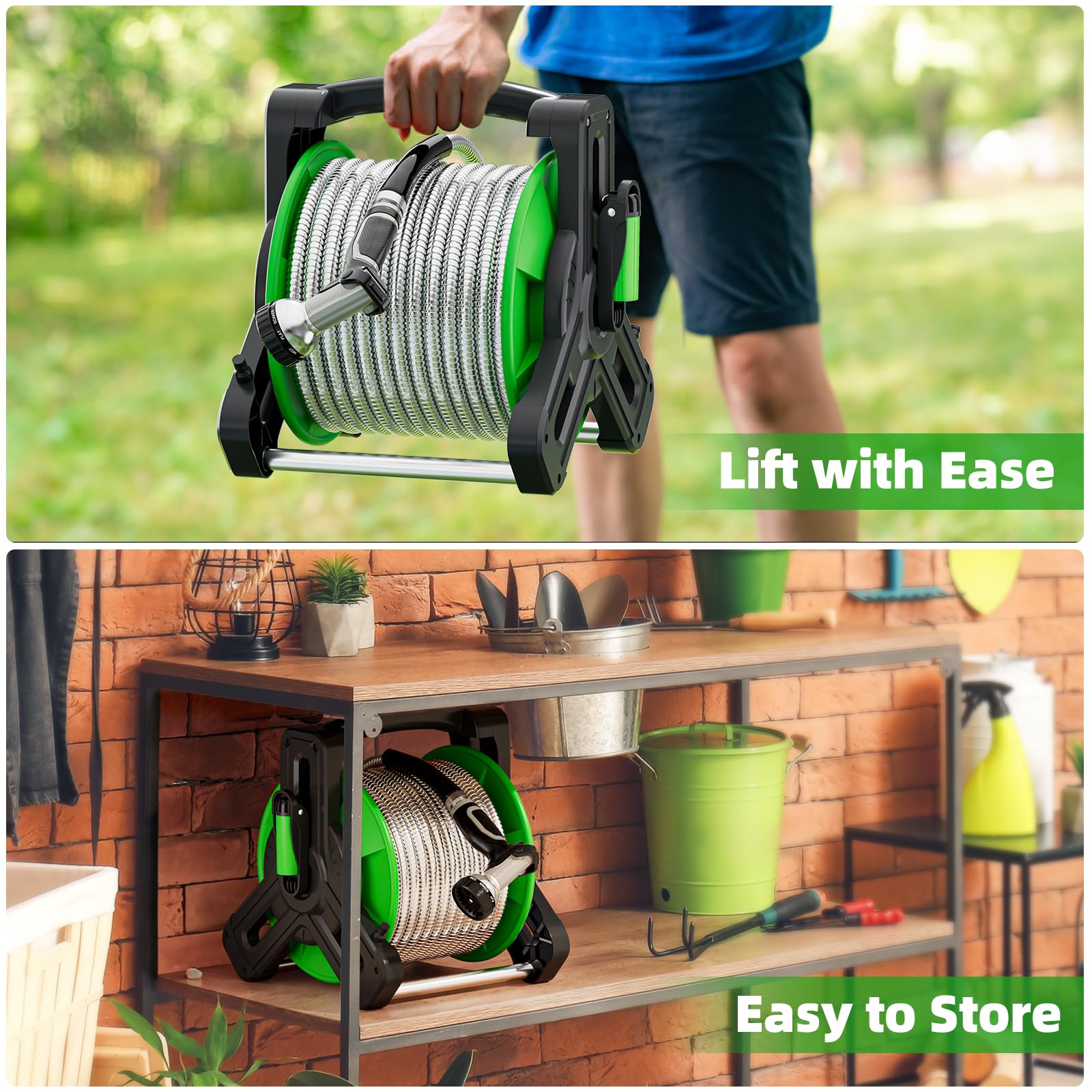 SPECILITE Wall Mount Garden Water Hose Reel with 75ft 304 Stainless Steel Metal Pipe and Nozzle for Outside, Yard, Patio,Space-Saving Design, Easy Storage, Green