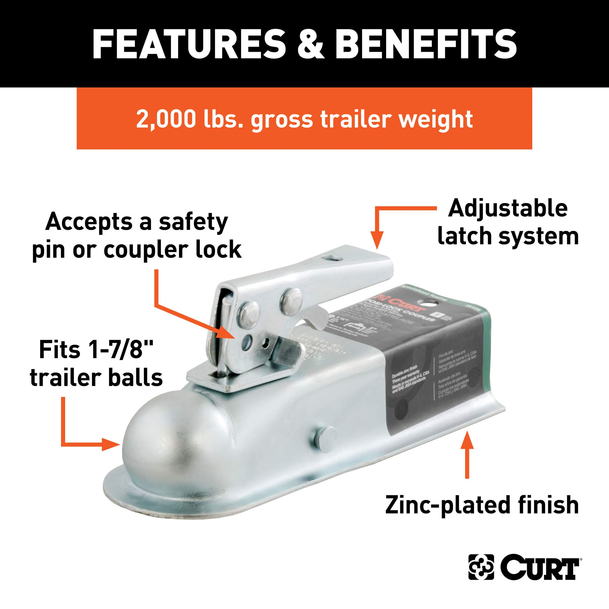 CURT 25128 Straight Tongue Trailer Coupler for 2-Inch Channel, 1-7/8-In Hitch Ball, 2,000 lbs