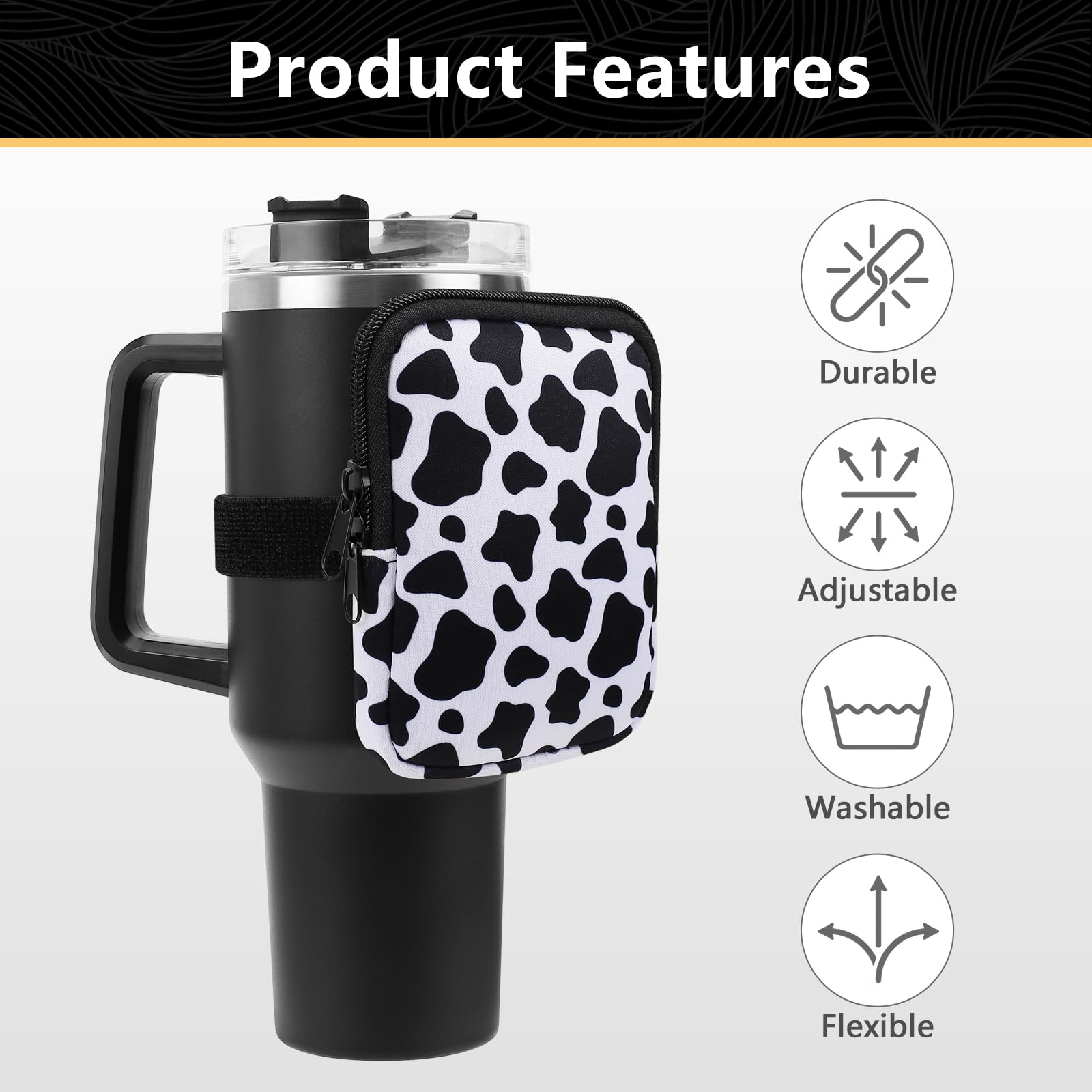 YR Water Bottle Pouch for Stanley Quencher Adventure 40oz & 30oz Tumbler, Gym Water Bottle Pouch for Stanley Cup 40oz with Handle, Black Polyester, Nylon