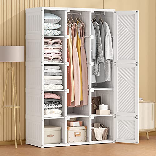 Portable Closet Clothes Wardrobe Plastic Bedroom Armoire 14"x20" Depth Cube Storage Organizer with Hanging Rod and DoorsïŒ15 Cubes, White (Door Accessories)