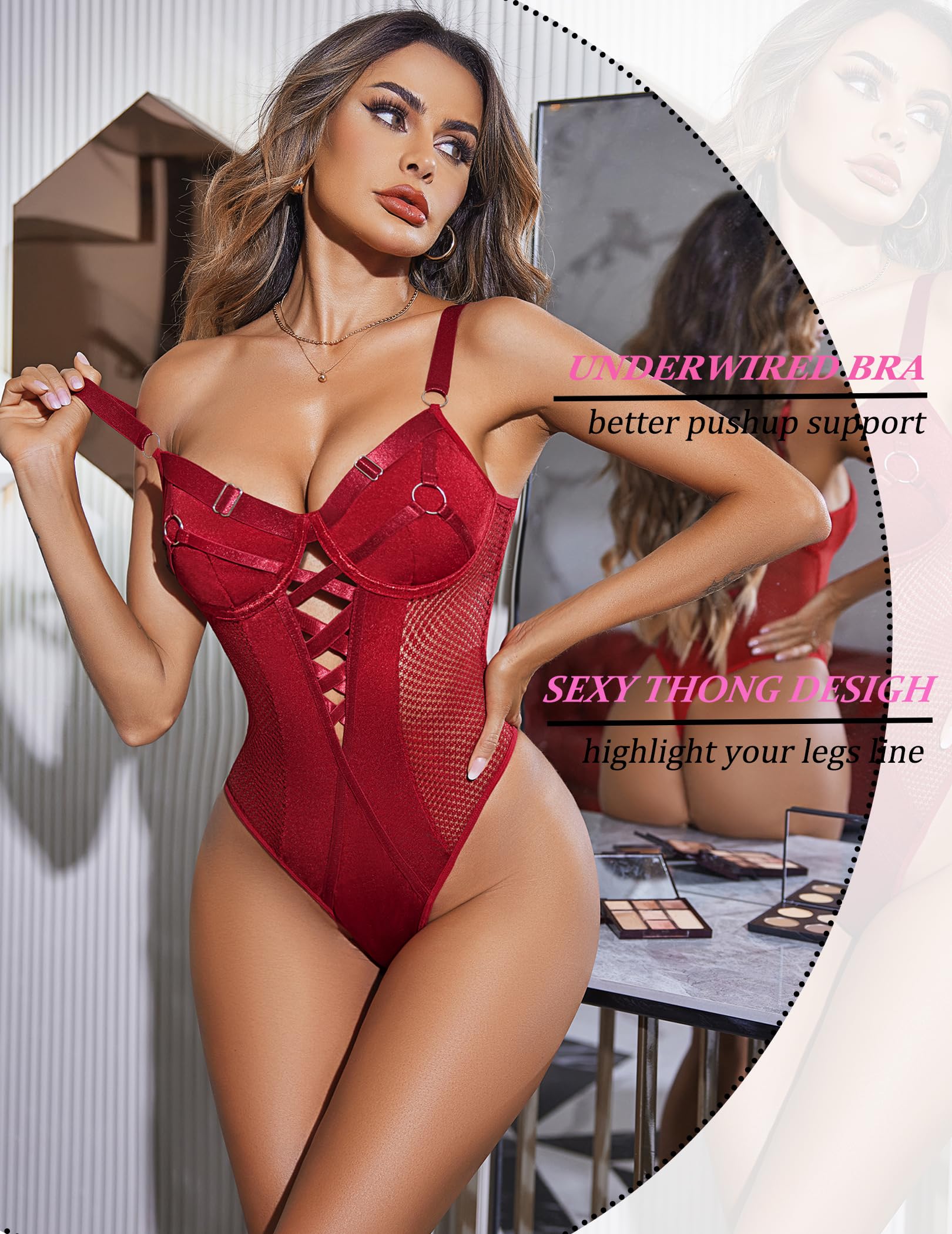 Avidlove Underwire Teddy Woman Sexy Lingerie Snap Crotch Lace Bodysuit Mesh One Piece Babydoll (Wine Red, Medium)