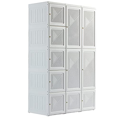 Portable Closet Clothes Wardrobe Plastic Bedroom Armoire 14"x20" Depth Cube Storage Organizer with Hanging Rod and Doors,15 Cubes, White (Door Accessories)