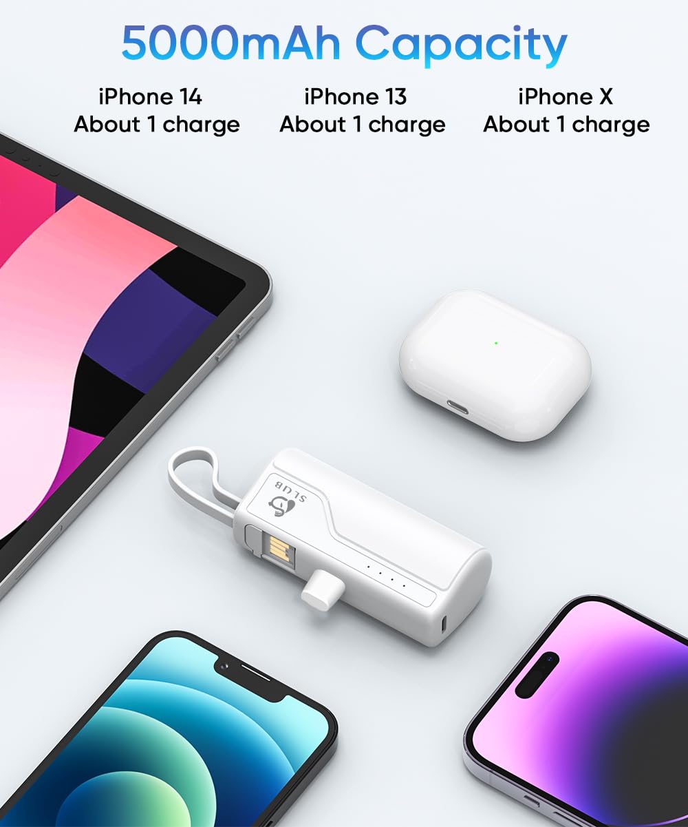 Meseto Mini Portable Charger 5000mAh, iPhone Power Bank Charging Battery Pack, External Backup Phone Charger Compatible with iPhone 13, 12, 11, X, XR, XS Max, 8, AirPods, White