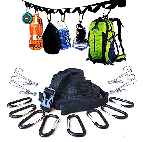 19-Ring Travel Hanger Clothesline,Outdoor Camping Lanyard Hanger Strap,20ft Clothesline with 8pcs Carabiner,4 Hooks,1 Storage Pouch for Travel Hiking Picnic Camper Family RV