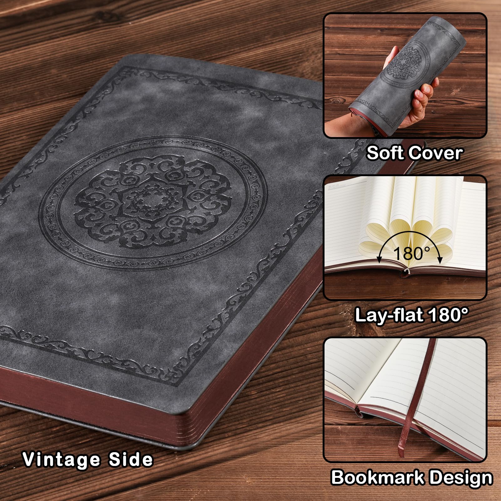 Fetinar 2025 Leather Vintage Journal Notebook,300 Pages,Leather Softcover Lined Journal Notebooks for Women Men,Notebook Journals for Writing Travel,Business,Office,Grey