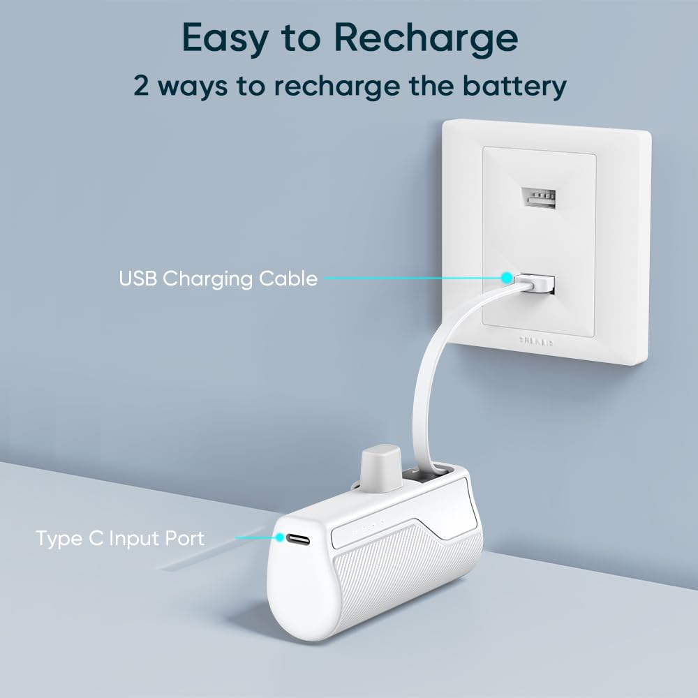 Meseto Mini Portable Charger 5000mAh, iPhone Power Bank Charging Battery Pack, External Backup Phone Charger Compatible with iPhone 13, 12, 11, X, XR, XS Max, 8, AirPods, White