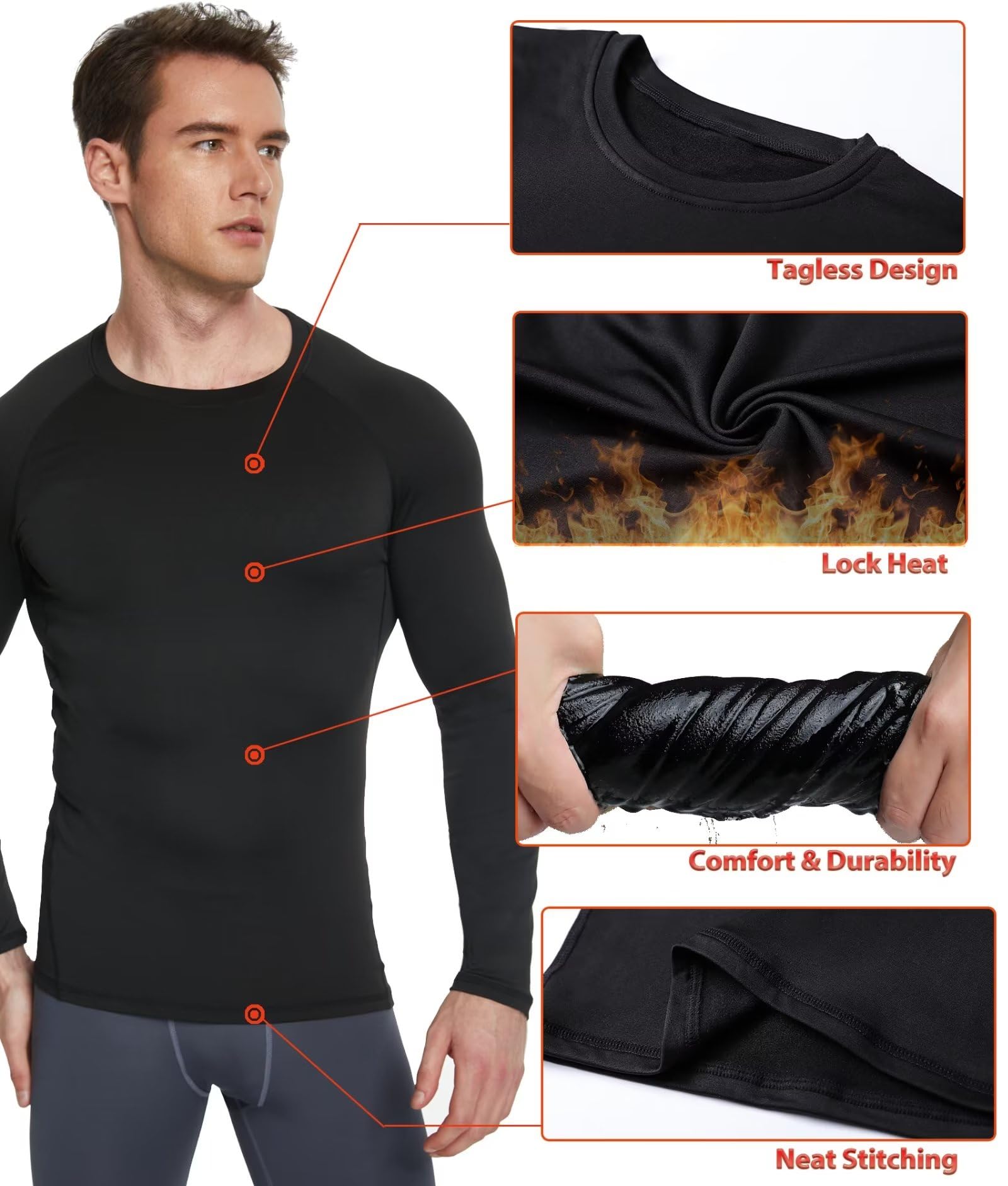 TELALEO 5 Pack Men's Thermal Compression Shirts Long Sleeve Turtle Mock Neck Shirts Athletic Base Layer Top Winter Cold Gear L