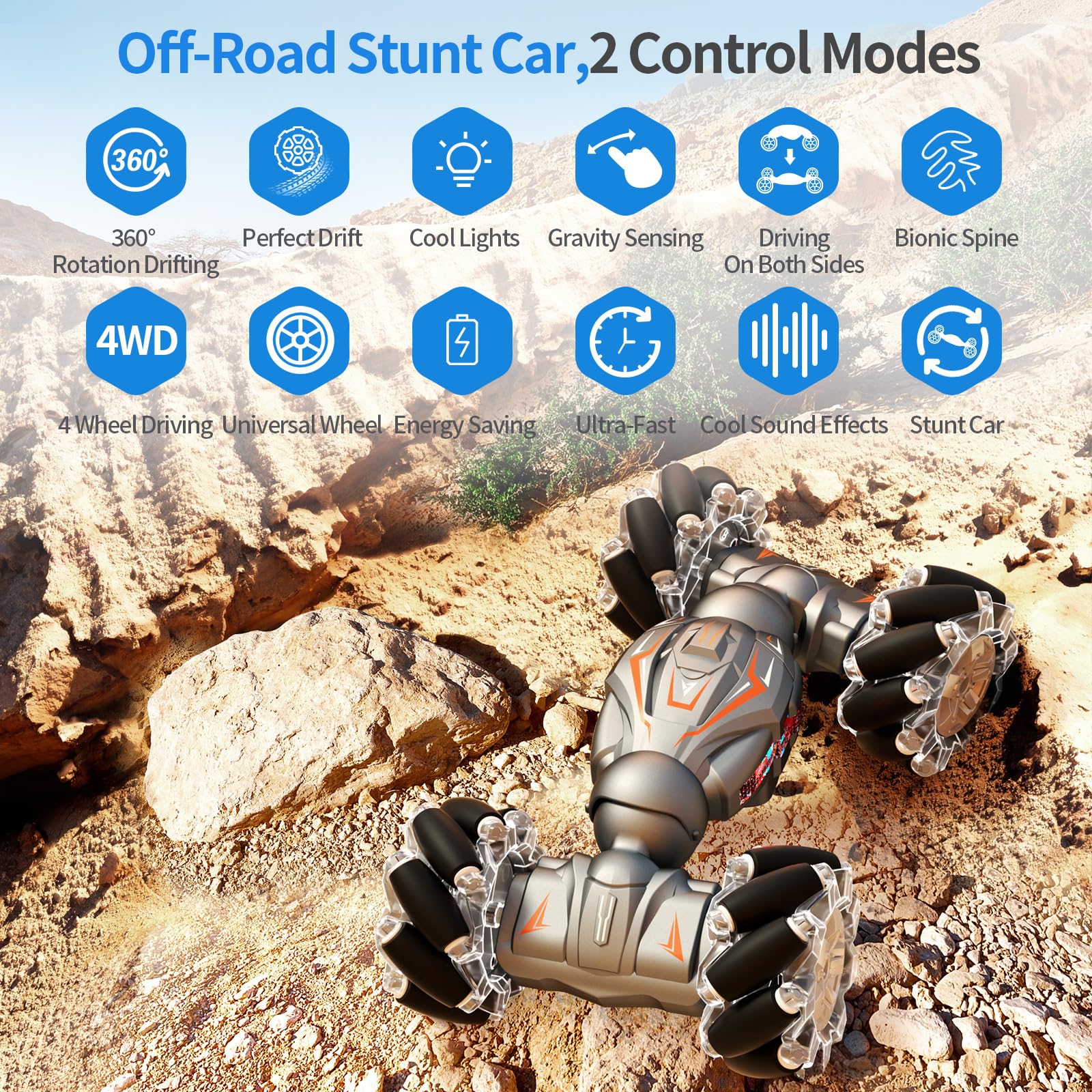 Deejoy 1:12 RC Stunt Car, 2.4GHz 4WD Remote Control Gesture Sensor Toy Cars, Double Sided Rotating Off Road Vehicle 360° Flips with Lights Music, for Boys & Girls Birthday(Black Silver)