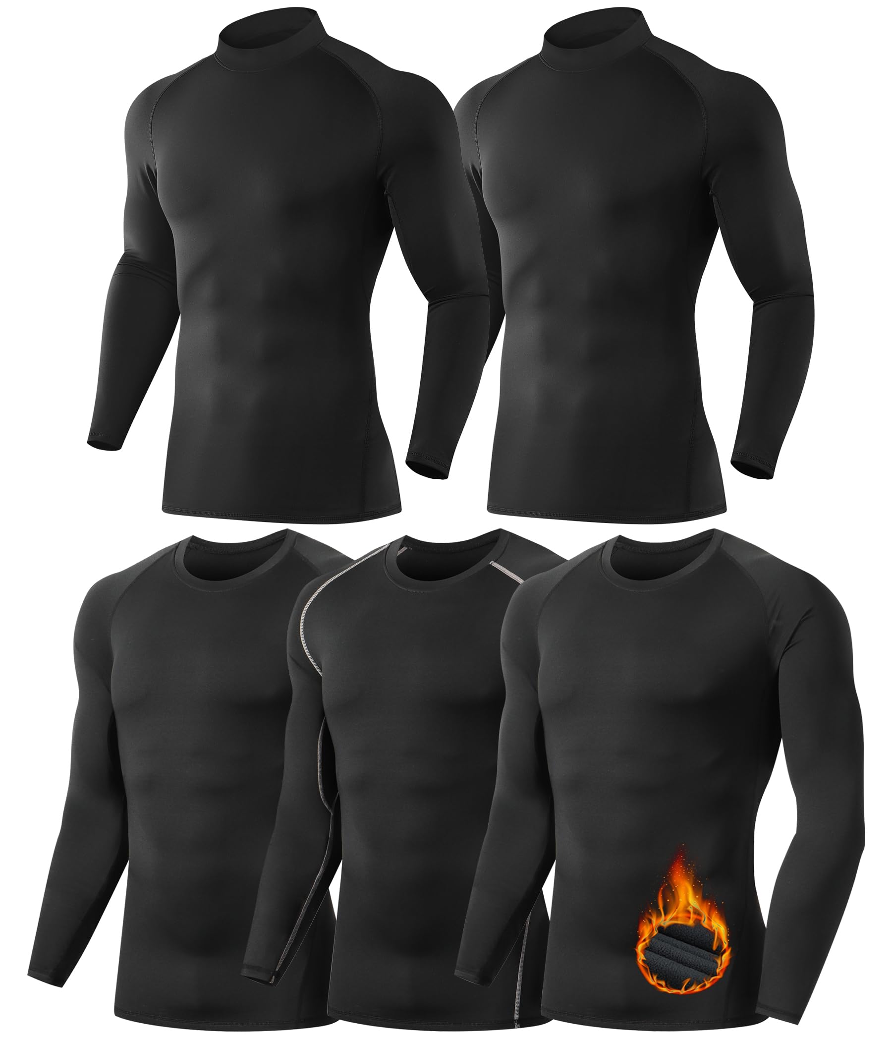TELALEO 5 Pack Men's Thermal Compression Shirts Long Sleeve Turtle Mock Neck Shirts Athletic Base Layer Top Winter Cold Gear L