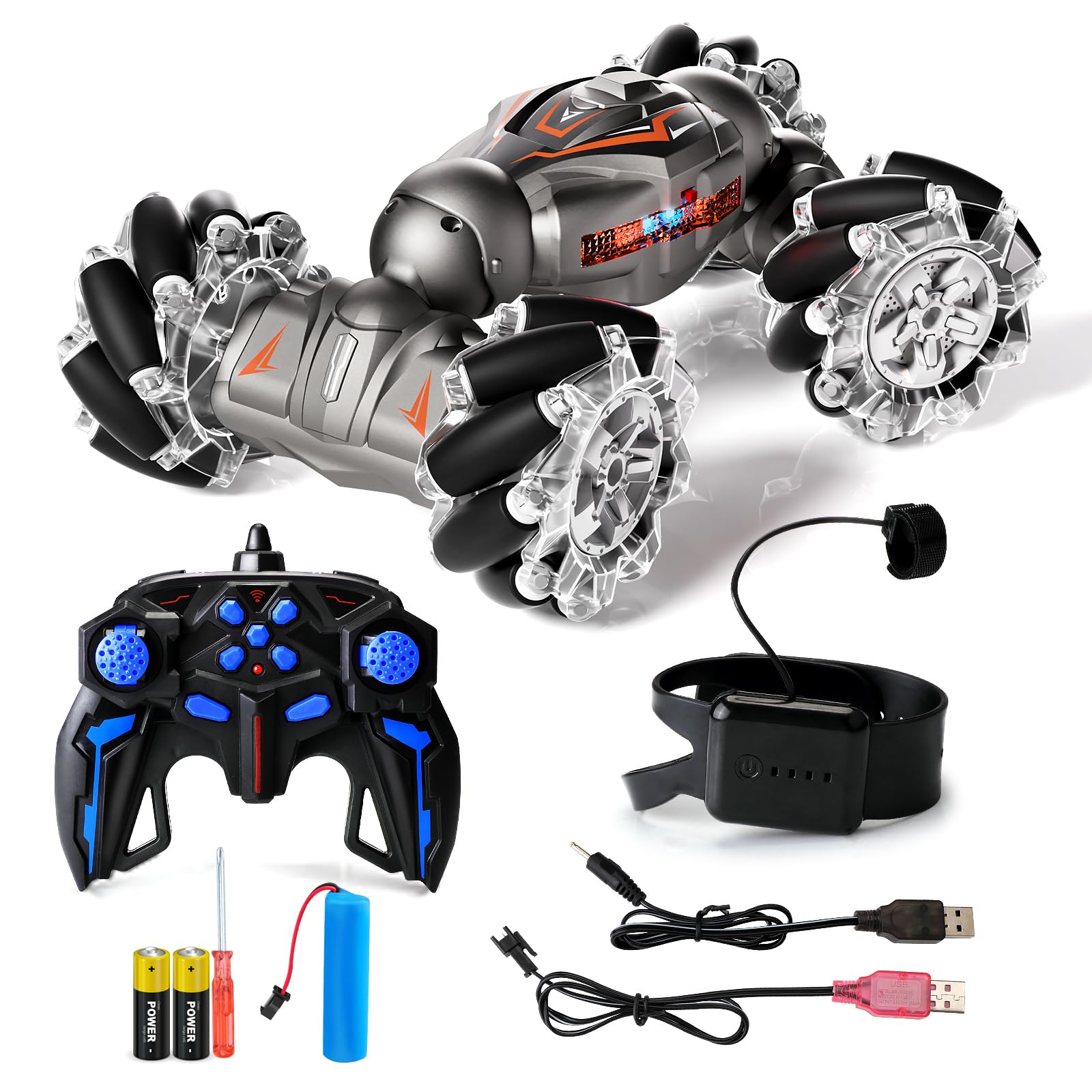 Deejoy 1:12 RC Stunt Car, 2.4GHz 4WD Remote Control Gesture Sensor Toy Cars, Double Sided Rotating Off Road Vehicle 360° Flips with Lights Music, for Boys & Girls Birthday(Black Silver)