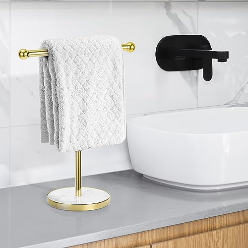 YINMIT Hand Towel Holder Stand, Bathroom Countertop Towel Rack with Marble Base, Freestanding Kitchen Towel Rack, Heavy Duty T-Shape Face Towel Stand for Bathroom, Kitchen, Vanity