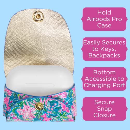 Lilly Pulitzer Blue Leatherette AirPods Pro Holder, Cute Keychain Case with Access to Charging Port, Golden Hour