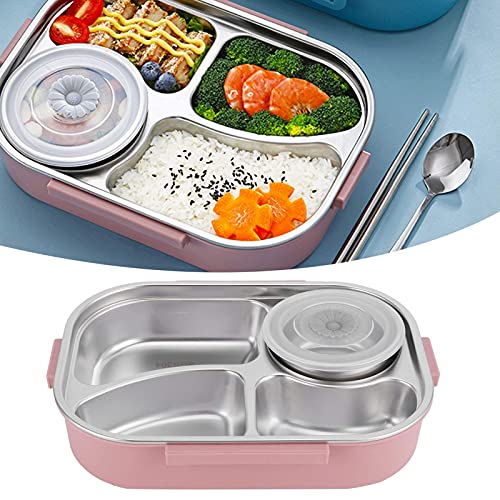 Raviga Stainless Steel Lunch Box 4 Compartments Portable Bento Box for Kids Student or Adult Food Storage Containers with Lids Airtight Soup Bowl And Tableware Large Capacity 50-oz(Pink)
