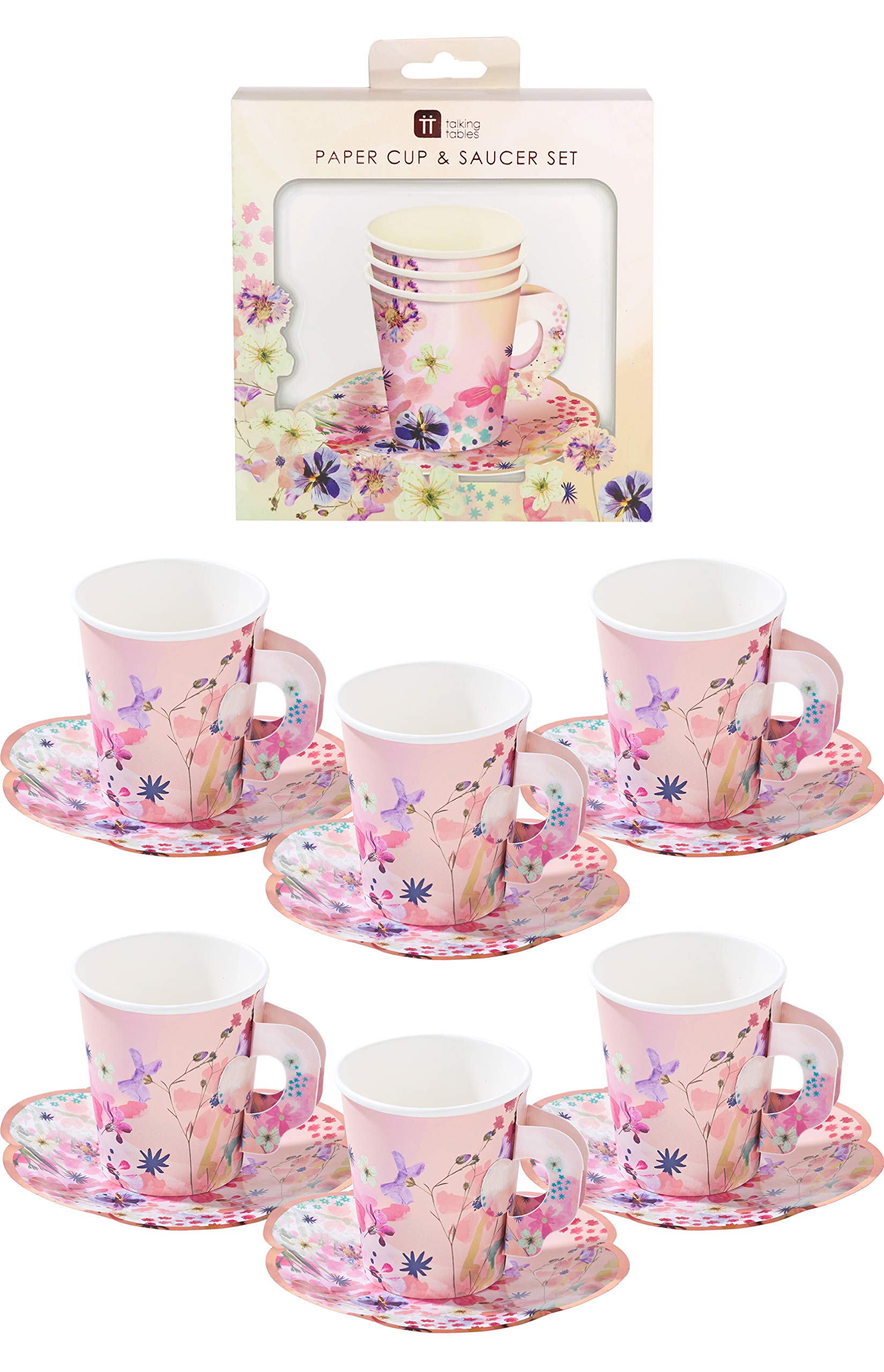 Talking Tables Truly Scrumptious Vintage Floral and Blossom Party Paper Tea Cups and Saucer Sets (12 Cups + 12 Saucers)