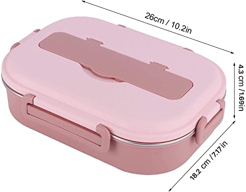 Raviga Stainless Steel Lunch Box 4 Compartments Portable Bento Box for Kids Student or Adult Food Storage Containers with Lids Airtight Soup Bowl And Tableware Large Capacity 50-oz(Pink)