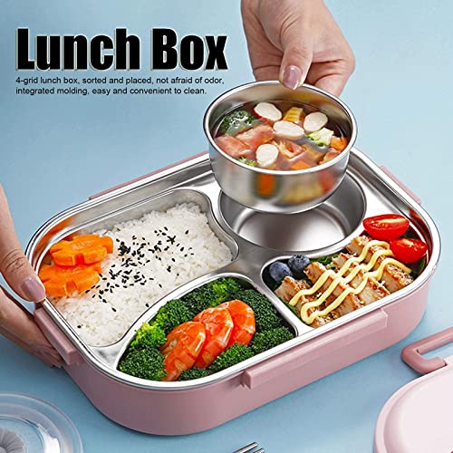 Raviga Stainless Steel Lunch Box 4 Compartments Portable Bento Box for Kids Student or Adult Food Storage Containers with Lids Airtight Soup Bowl And Tableware Large Capacity 50-oz(Pink)