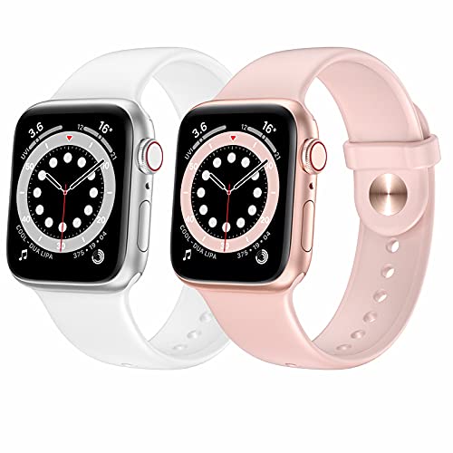 OUHENG 2 Pack Sport Band Compatible with Apple Watch Band 41mm 40mm 38mm, Soft Silicone Band Strap for iWatch Series 8/7/6/5/4/3/2/1/SE2/SE (Pink Sand/White, 41mm 40mm 38mm)