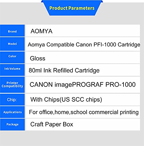 Aomya Compatible Canon PFI-1000 Remanufactured Ink Cartridge for Canon imagePROGRAF PRO-1000 (80ML CO Pigment Ink)