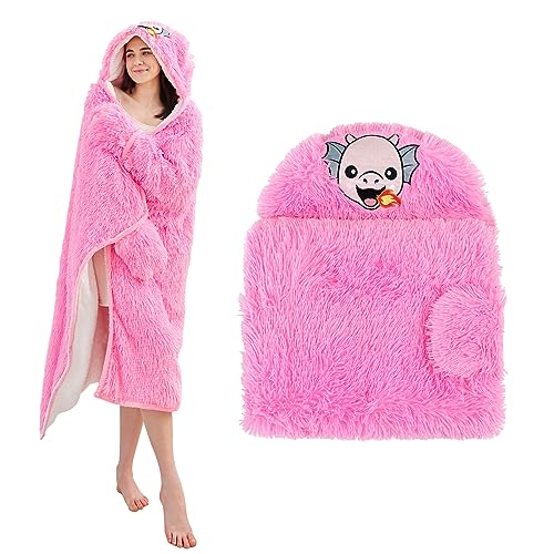 YIRDDEO Wearable Blankets Hoodie Pink Fluffy Blanket Cute Dinosaur Oversized Travel Blanket Warm Comfy Adult Picnic Animal Blankets with Plush Sleeves