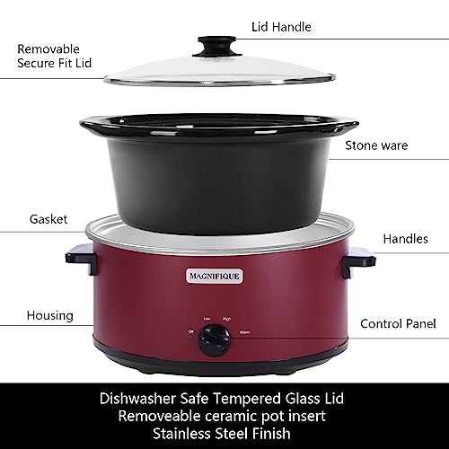 Magnifique 7 Quart Slow Cooker Oval Manual Pot Food Warmer with 3 Cooking Settings, Red Stainless Steel