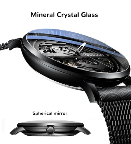 SOLLEN Black Automatic Watches for Men, Minimalist Slim Stainless Steel Watch, Waterproof Skeleton Watch with Dragon Pattern, Gift for Male