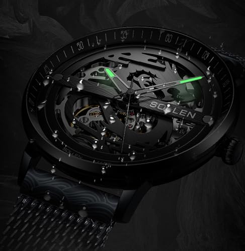 SOLLEN Black Automatic Watches for Men, Minimalist Slim Stainless Steel Watch, Waterproof Skeleton Watch with Dragon Pattern, Gift for Male