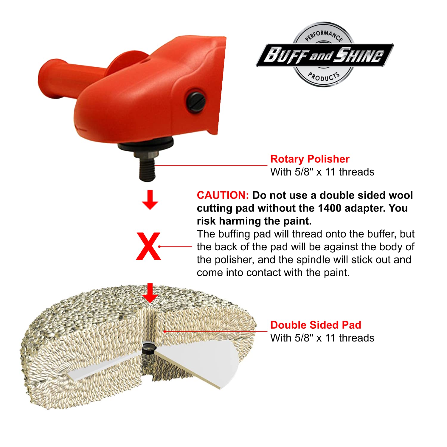 Buff and Shine - Double Sided Pad Adapter for Polishers & Double Sided Wool Buffing Pads - Zinc Plated Steel - Male 5/8" x 11 Female 5/8" x 11 - (BFS-1400)