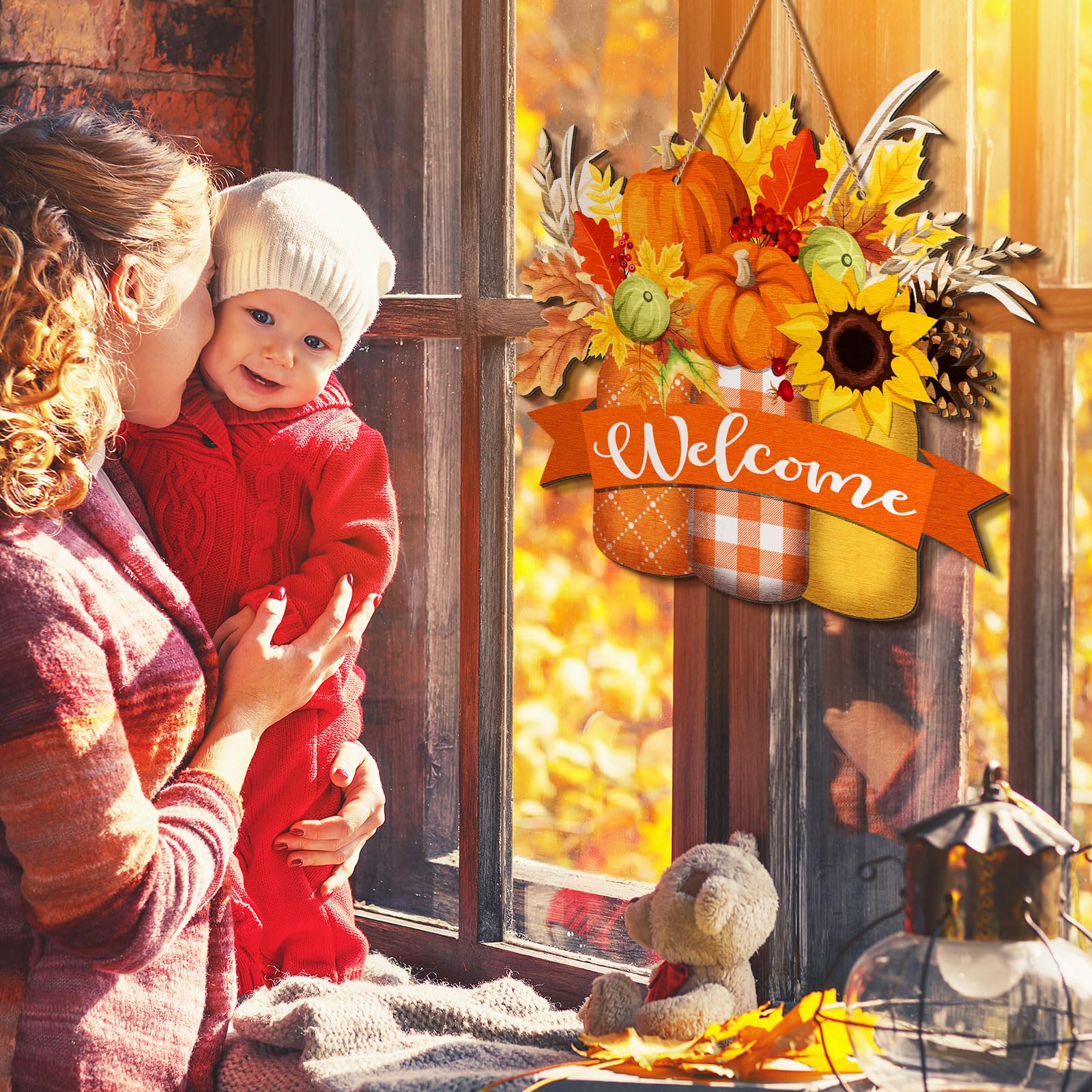Thyle 2 Pcs Welcome Fall Thanksgiving Front Door Decor Hello Fall Truck Door Signs Pumpkin Maple Leaf Sunflower Door Hanging Fall Wall Decoration