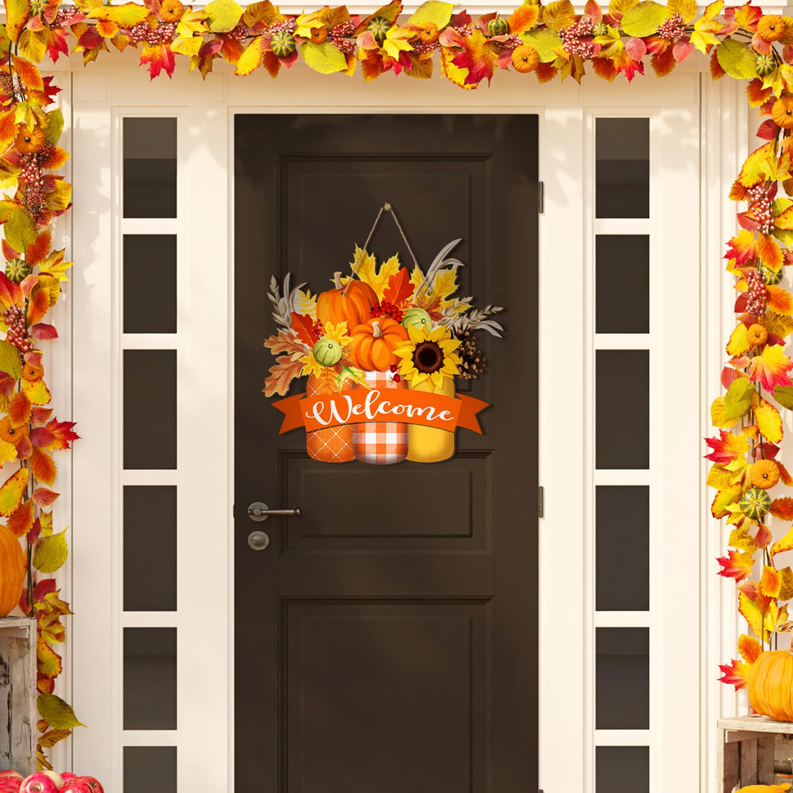 Thyle 2 Pcs Welcome Fall Thanksgiving Front Door Decor Hello Fall Truck Door Signs Pumpkin Maple Leaf Sunflower Door Hanging Fall Wall Decoration