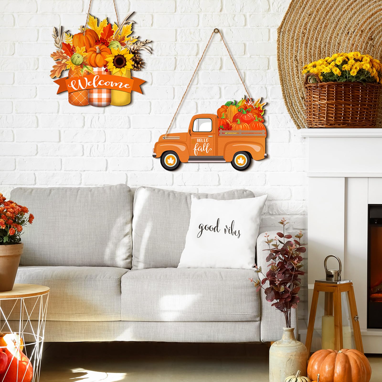 Thyle 2 Pcs Welcome Fall Thanksgiving Front Door Decor Hello Fall Truck Door Signs Pumpkin Maple Leaf Sunflower Door Hanging Fall Wall Decoration