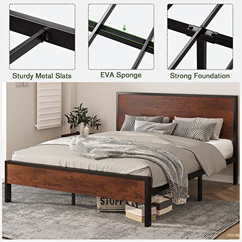 IMUsee Full Size Bed Frame with Wood Headboard and Footboard Platform, Heavy Duty Metal Frame with 12" Under Bed Storage, No Box Spring Needed, Noise Free, Brown
