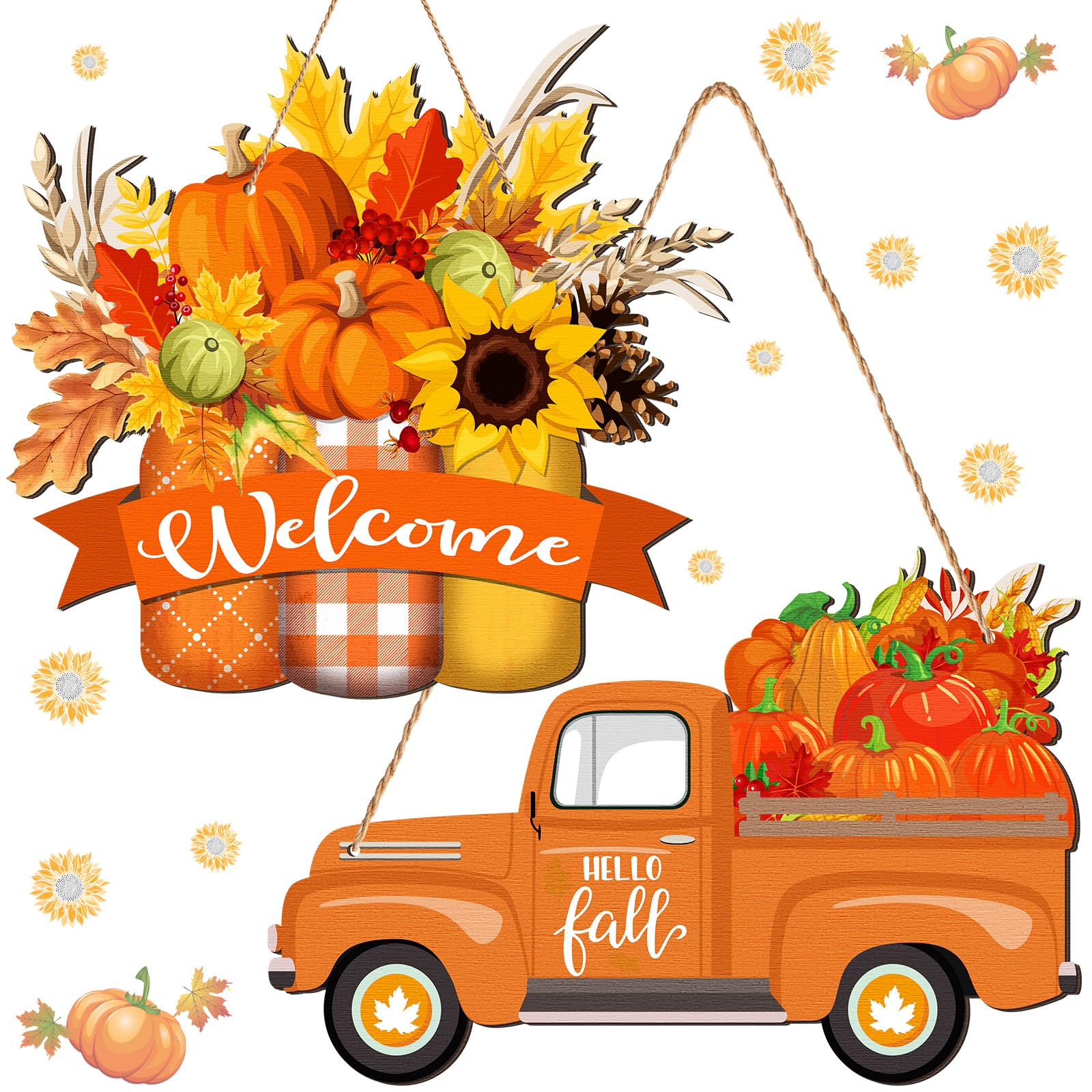 Thyle 2 Pcs Welcome Fall Thanksgiving Front Door Decor Hello Fall Truck Door Signs Pumpkin Maple Leaf Sunflower Door Hanging Fall Wall Decoration