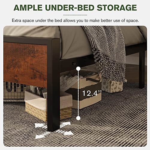 IMUsee Full Size Bed Frame with Wood Headboard and Footboard Platform, Heavy Duty Metal Frame with 12" Under Bed Storage, No Box Spring Needed, Noise Free, Brown