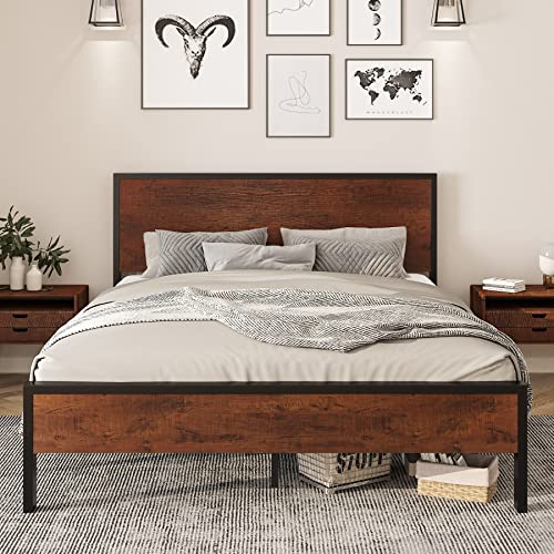IMUsee Full Size Bed Frame with Wood Headboard and Footboard Platform, Heavy Duty Metal Frame with 12" Under Bed Storage, No Box Spring Needed, Noise Free, Brown