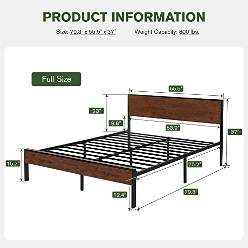 IMUsee Full Size Bed Frame with Wood Headboard and Footboard Platform, Heavy Duty Metal Frame with 12" Under Bed Storage, No Box Spring Needed, Noise Free, Brown