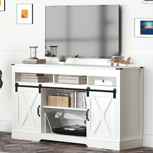FansaFurn Farmhouse White Stand for TVs up to 65+ Inch Tall Entertainment Center with Sliding Barn Door, Console Storage Cabinet for Bedroom, Living Room…