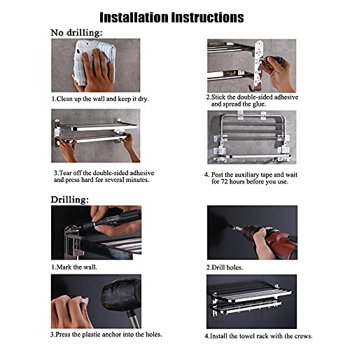 NAAKABE Bathroom Foldable Towel Rack,SUS 304 Stainless Steel Wall Mounted Towel Shelf wih No Drill, 6 Removable Hooks and Adjustable Towel Bar, Double Towel Bar Holder