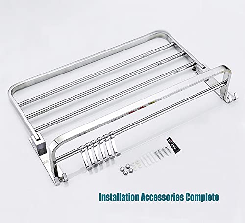 NAAKABE Bathroom Foldable Towel Rack,SUS 304 Stainless Steel Wall Mounted Towel Shelf wih No Drill, 6 Removable Hooks and Adjustable Towel Bar, Double Towel Bar Holder