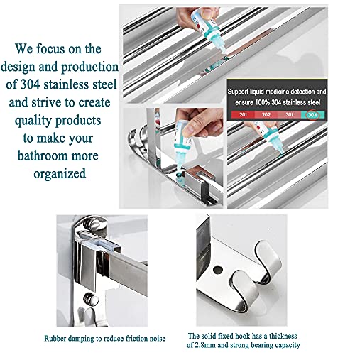 NAAKABE Bathroom Foldable Towel Rack,SUS 304 Stainless Steel Wall Mounted Towel Shelf wih No Drill, 6 Removable Hooks and Adjustable Towel Bar, Double Towel Bar Holder