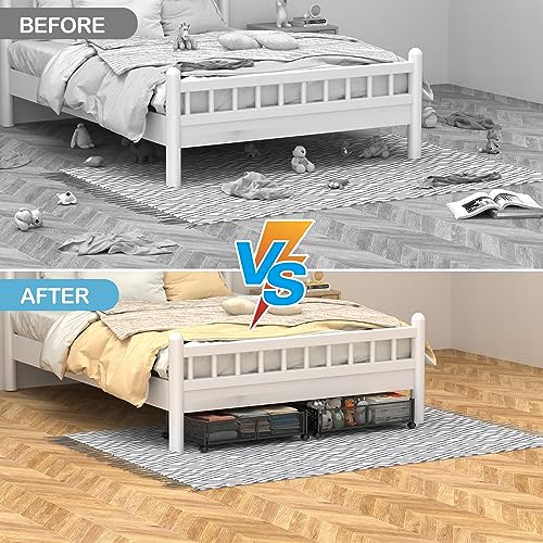 IVMAIE 2 Pack Metal Under Bed Storage with Wheels, Foldable Underbed Shoe Storage Organizer Containers, Tool-Free Assembly Under Bed Rolling Storage Drawer Cart for Bedroom, Clothes, Toys