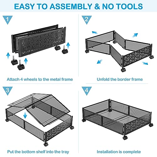 IVMAIE 2 Pack Metal Under Bed Storage with Wheels, Foldable Underbed Shoe Storage Organizer Containers, Tool-Free Assembly Under Bed Rolling Storage Drawer Cart for Bedroom, Clothes, Toys