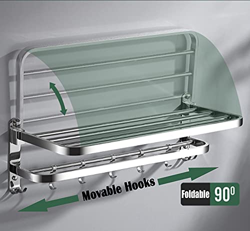 NAAKABE Bathroom Foldable Towel Rack,SUS 304 Stainless Steel Wall Mounted Towel Shelf wih No Drill, 6 Removable Hooks and Adjustable Towel Bar, Double Towel Bar Holder