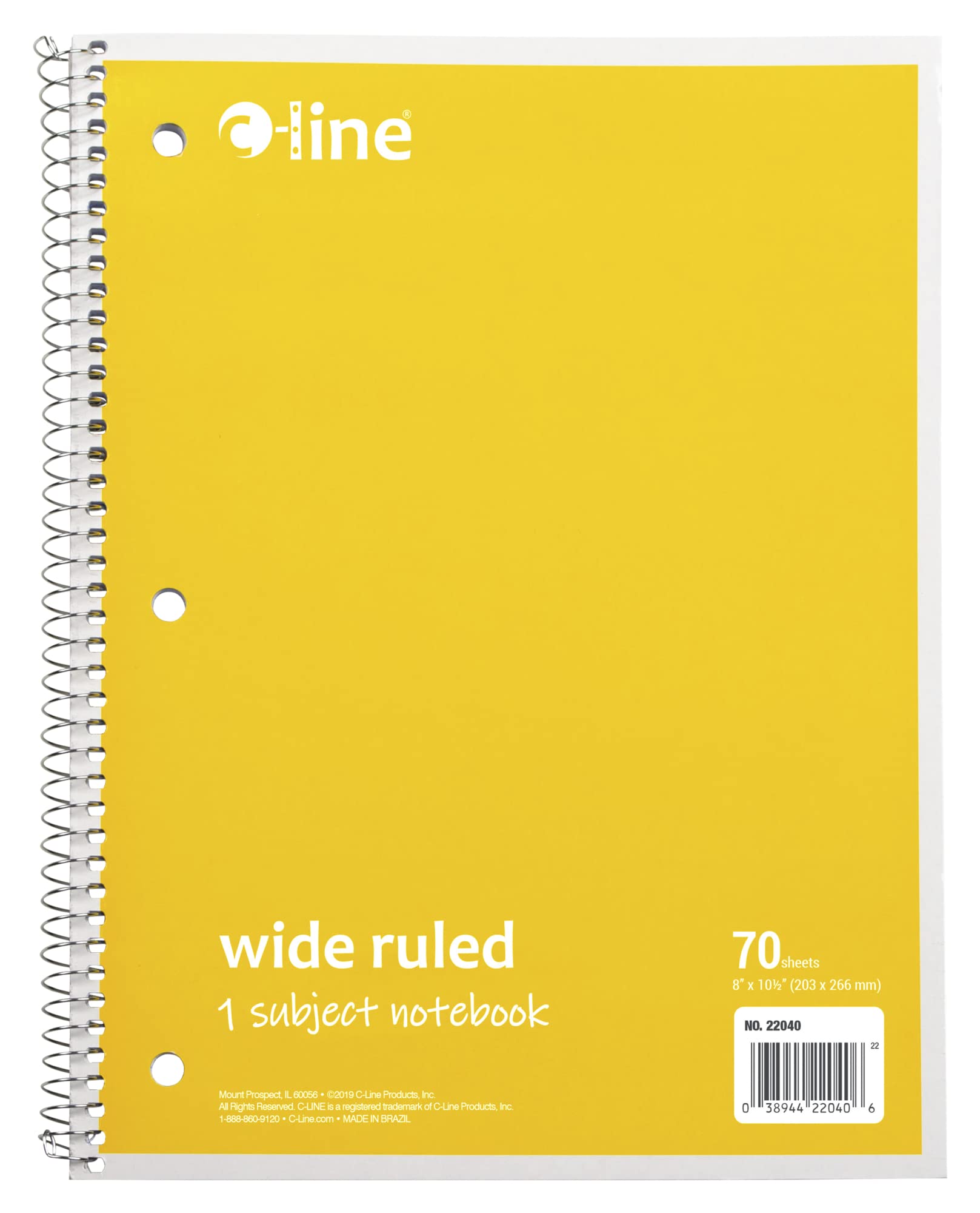 C-Line 1 Subject Notebook, 8 x 10-1/2 Inches, Wide Ruled, Yellow, 70 Sheets