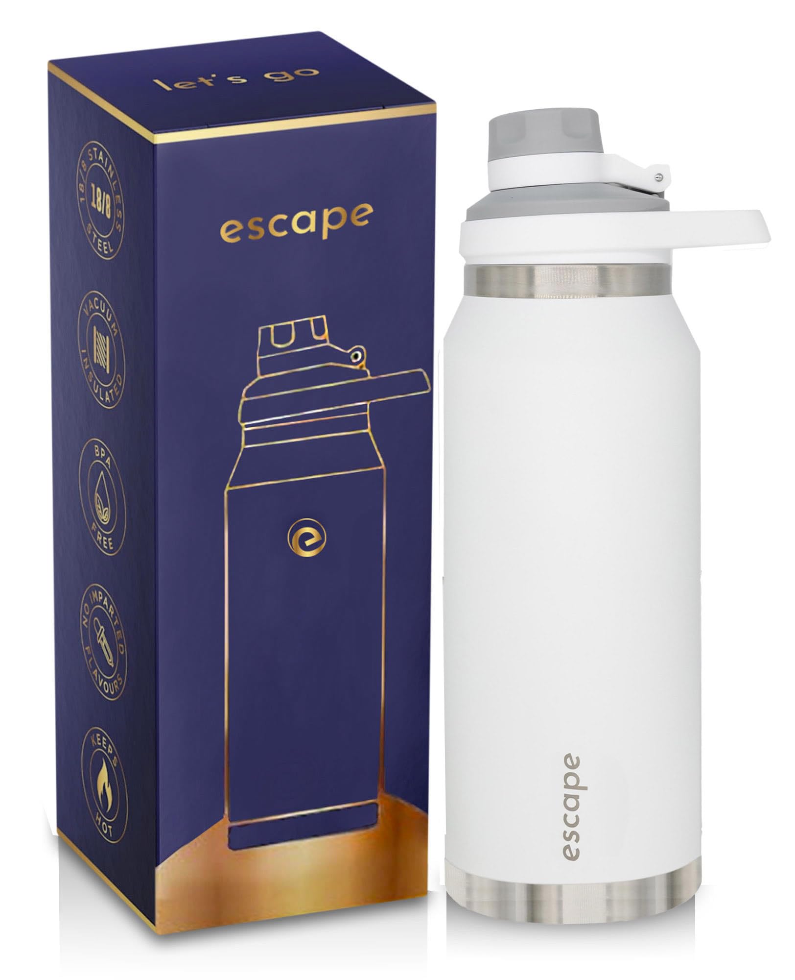 Escape 1 Liter Water Bottle Ideal for Gym Dishwasher Safe 34 oz Insulated Stainless Steel that Keeps Hot & Cold Wide Mouth WHITE