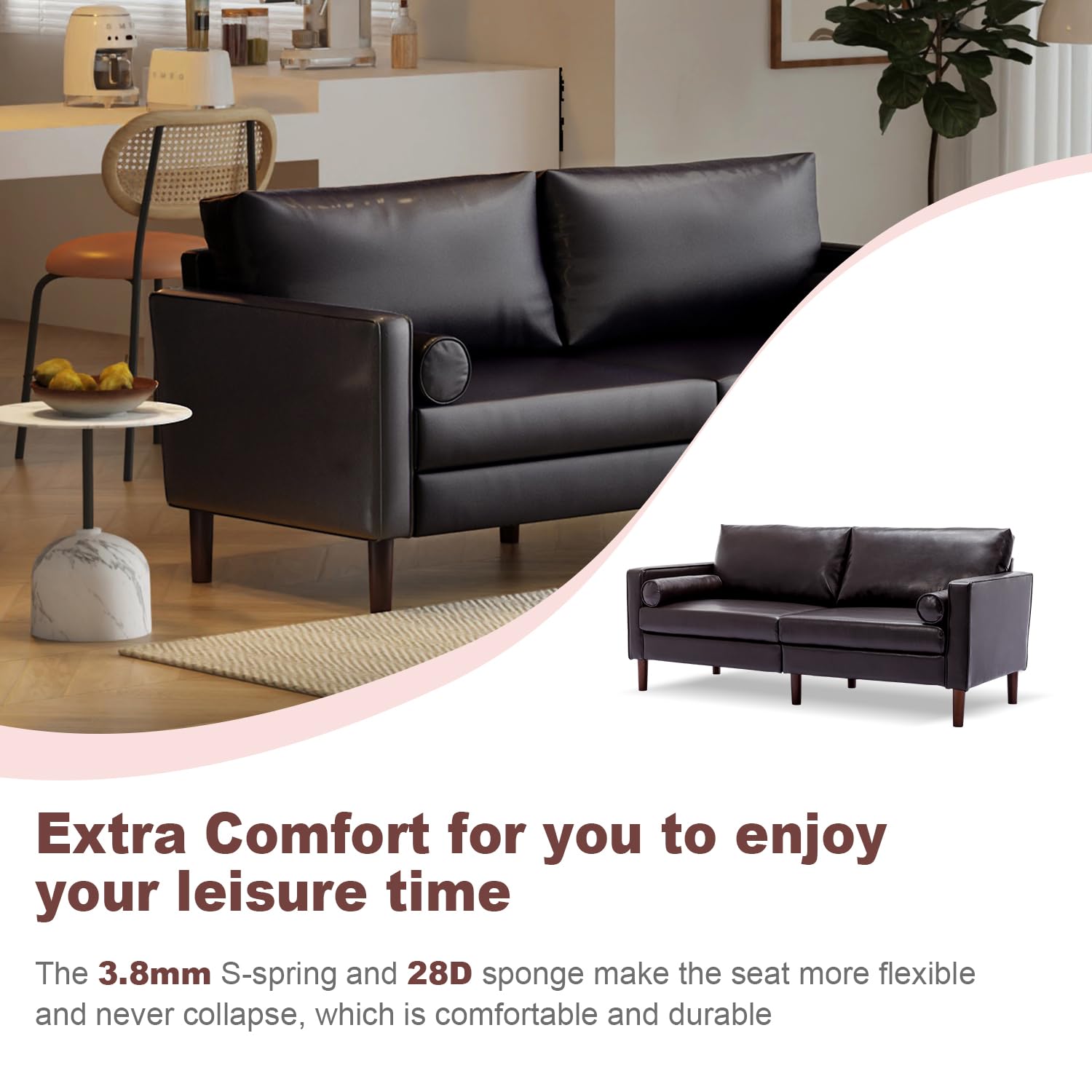 DIFY 77” Mid-Century Modern Loveseat Couch, Leather Faux Sofa with Two Upholstered Cushions, Comfortable Couch with Wooden Frame and 3 Seater, for Living Room, Bedroom, Office(Black)